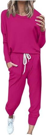 Generic Surv&ecirc;tement deux pi&egrave;ces pour femme en lin d&eacute;contract&eacute; &agrave; col rond et manches 3/4, pantalon &agrave; jambe large avec poches, v&ecirc;tement de d&eacute;tente pour femme, p