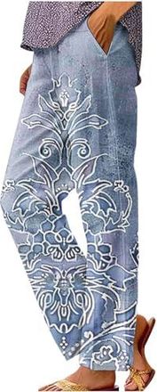 Generic Pantalon Ample Femme Fluide Lin Large Elegant Pantalon D&eacute;contract&eacute; en Coton et Lin pour Femmes Imprim&eacute; R&eacute;tro Poches Amples V&ecirc;tements Femme Ample Fluid