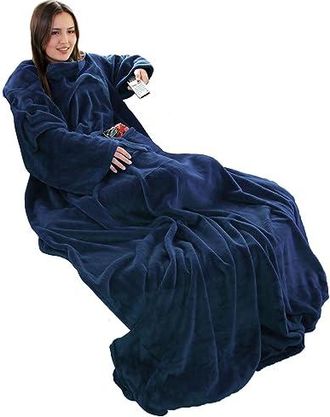 Brandsseller Couverture Douillette avec Manches et Chanceli&egrave;re Plaid de Canap&eacute; en Design Flanelle-Sherpa - 150 x 180 cm - Bleu Marine