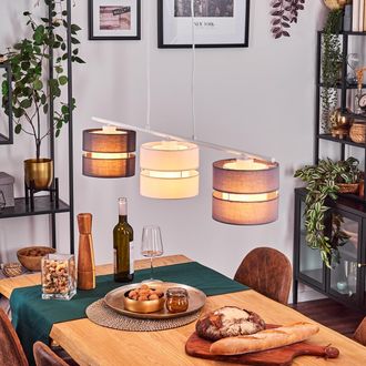 HOFSTEIN Hängeleuchte Alera, 3-flammige Hängelampe aus Metall/Stoff in Weiß/Dunnkelgrau/Hellgrau, modernens Design (Ø 18cm), E27, Pendelleuchte höhenverstellba