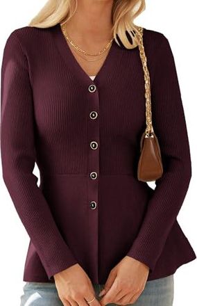 Grace Karin Cardigan élégant à col en V et manches longues pour femme - Coupe ajustée - Automne et hiver, rouge vin, S