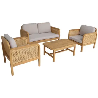 Sweeek Gartenm&ouml;belset aus Akazienholz und Rattan-Geflecht f&uuml;r 4 Personen Natur / Beige