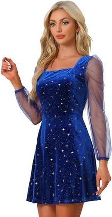 Allegra K Mini-Robe Courte en Velours à Manches Longues et à Encolure carrée en Maille Transparente pour Femmes Bleu Royal XL