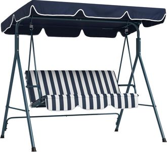 OUTSUNNY Balancelle de jardin 3 places toit r&eacute;glable acier polyester bleu blanc ray&eacute;