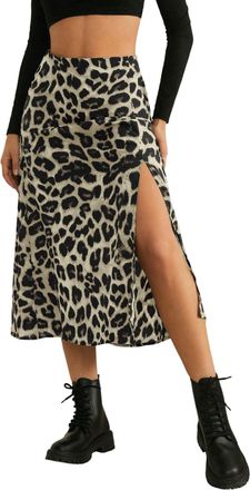 SOLY HUX Leoparden Rock Damen Elegant Midirock mit Schlitz A-Linie Röcke Leorock Freizeitrock Partyrock Causalrock Herbst Outfit Schwarz L