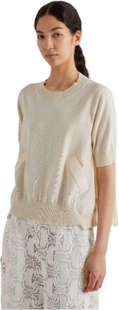 Meimeij Femme, Pulls, Beige, Taille: 48 FR Tricot &agrave; Manches Courtes et Col Rond avec Inserts de Tissu au Dos