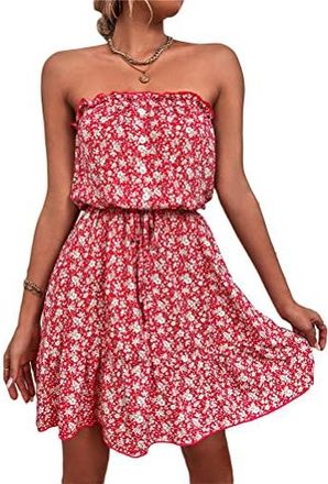 TOMWELL Robe dété sans Manches pour Femme Dos Nu Imprimé Floral Robe à Lacets sans Bretelles Mini Robe de Plage Décontractée Boho Plage Été Sexy A Rouge M