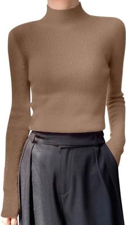 Generic Pull à manches longues et col roulé pour femme côtelé léger coupe ajustée pull tricoté chemises décontractées habillées basiques solides doux conforta