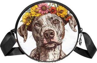 Generic Petit sac &agrave; bandouli&egrave;re rond pour femme, motif fleurs de chien, sac &agrave; dos avec fermeture &eacute;clair, bretelles r&eacute;glables, sac &agrave; main rond d&eacute;contract&eacute; pour