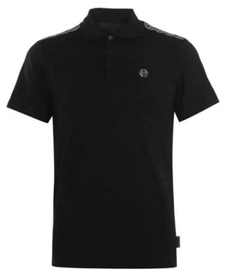 Philipp Plein Poloshirt Polohemd mit Tape Streifen PP Hexagon Leder-Patch Slim Fit Doppelnadel-N&auml;hten, ikonischen Philipp Plein Tape-Streifen
