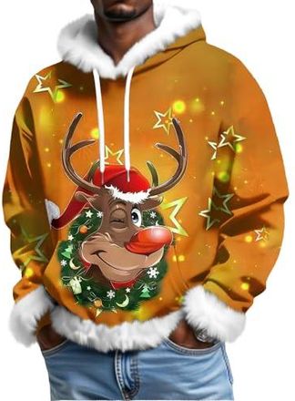 Generic Sweat à capuche de Noël pour homme - Avec imprimé Père Noël - Avec cordon de serrage et bordure en fourrure synthétique - Sweat à manches longues pour