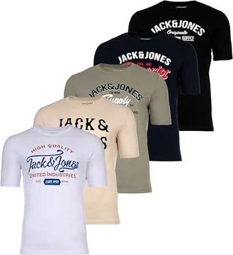 Jack & Jones JACK&JONES JJLEOGRA Lot de 5 t-shirts à col rond, manches courtes, en coton, pour homme, avec logo imprimé, Noir/blanc/bleu/beige, XXL