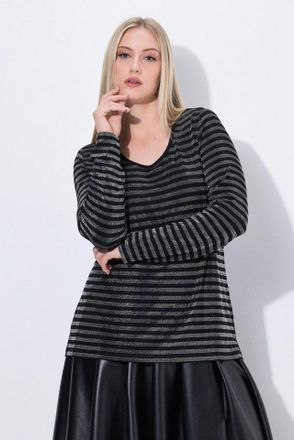 Ulla Popken T-Shirt Shirt Glitzerstreifen Classic Rundhals Langarm