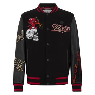 Philipp Plein Varsity Bomberjacke mit &Auml;rmeln aus Leder Devil Skull - - Jackets - Herren - Schwarzk - M