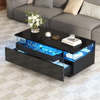 Merax Couchtisch Schwarz Hochglanz mit LED, Sofatisch Wohnzimmer mit 2 Schubladen, herausnehmbarem Tablett, geh&auml;rtetem Glas, Beistelltisch Kaffeetisch mit S