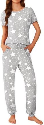 Ekouaer Ensemble de Pyjama pour Femme à Manches Courtes et Pantalon Long imprimé Mignon 2 pièces vêtements de Nuit avec Poches, Étoiles Grises, XL