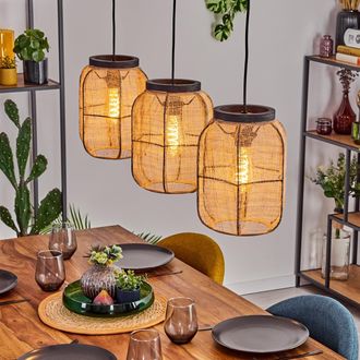 HOFSTEIN Hängeleuchte Boudou, 3-flammige Hängelampe aus Metall/Holz/Stoff in Schwarz/Natur, Boho-Design, Pendelleuchte mit Stoff-Schirmen, höhenverstellbar bis