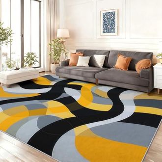 Generic Gris Jaune Tapis pour Salon 160 x 230 cm, Lavables avec Dos Antid&eacute;rapant, Tapis &agrave; Poils Courts Imprim&eacute; Minimaliste Peinture Abstraite Lignes Ondul&eacute;es 