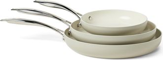 Amazon Basics Antihaft-Keramikkochgeschirr, 3-Teiliges Pfannenset, F&uuml;r alle Herdarten geeignet, Sp&uuml;lmaschinenfest, Leinengrau