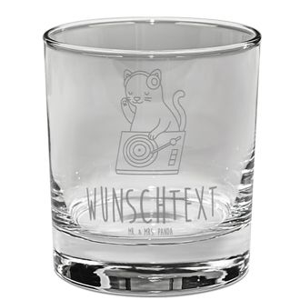 Mr. & Mrs. Panda Personalisiertes Whiskey Glas Katze DJ - Personalisierte Geschenke, Instrumente, Whiskeylgas, Disko, Tanzen, Feiern, Club, mit Spr&uuml;chen, Whiskeyglas S