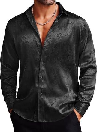 Coofandy Chemise à manches longues en soie pour homme - Imprimé floral rose - Pour fête de mariage - Noir - Taille L, Noir, L