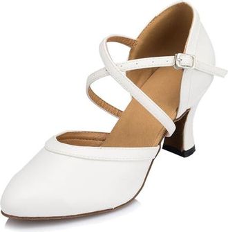 Minitoo Chaussures Sport Danse pour Femme Fermé Fête Soirée Escarpins HW044 Blanc 7cm Talon EU 39.5