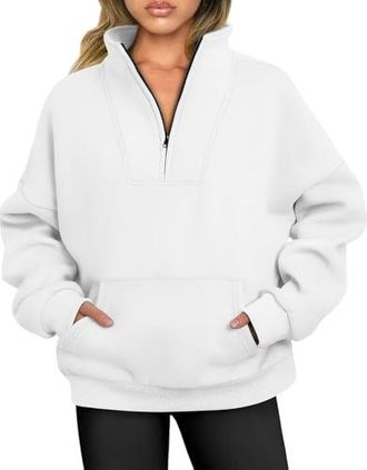 Generic Sweat-shirt surdimensionn&eacute; &agrave; demi-fermeture &eacute;clair pour femme - Pull en polaire &agrave; manches longues et &eacute;paules tombantes - Sweatshirt tendance d&eacute;contrac