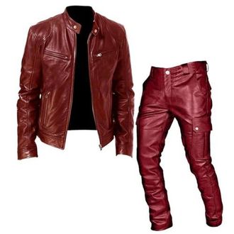 Generic Surv&ecirc;tement complet pour homme en cuir PU veste et pantalon 2 pi&egrave;ces ensemble veste et pantalon de jogging &agrave; manches longues imperm&eacute;able coupe ajust&eacute;e
