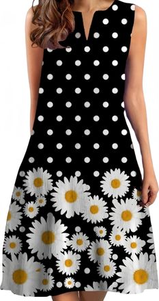 Ocean Plus Damen Sommer Mittellanges L&auml;ssiges &Auml;rmelloses Kleid Rundhalsausschnitt Freizeitkleid ohne &Auml;rmel in &Uuml;bergr&ouml;&szlig;e (3XL, Gepunktete G&auml;nsebl&uuml;mchen)