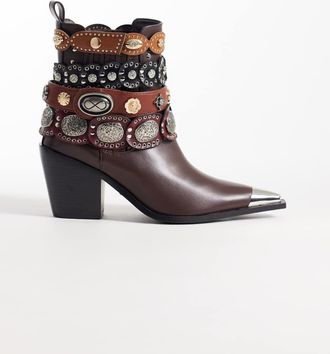 Azalea Wang Azalea Wang - Dusan - Bottines style western mi-hautes &agrave; bride ornement&eacute;e - Marron-Brown