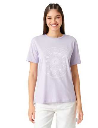 Koton Damen Zodiac Printed Short Sleeve Crew Neck T-Shirt, Lila (377), XS EU