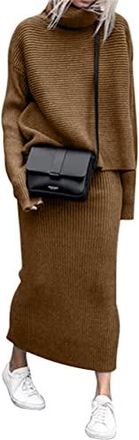 ORANDESIGNE Robe en Tricot Femme Ensemble 2 Pièces Pull Haut et Midi Jupe Tricoté Pull à Col Roulé Robe Tricotée D Marron M