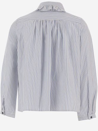 BONPOINT Boys Shirt With Ruffled Collar, Blue Stripe Cotton