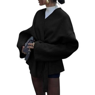 Generic Cardigan en tricot avec ceinture fronc&eacute;e &agrave; la taille pour femme, &eacute;l&eacute;gant et &eacute;l&eacute;gant, &agrave; manches longues, ouvert sur le devant, Noir, S