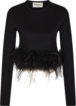 Sonia Rykiel Haut en jersey orn&eacute; de plumes - Femme - Pulls - Noir - Taille: 42 FR