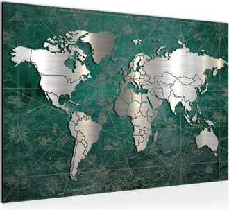 Runa Art Bild Weltkarte Modern Wandbilder Wohnzimmer Büro 1 Teilig - Made In Germany - Vintage Grün Silber Flur 109015c