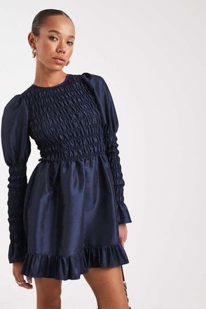 Daisy Street Taft-Minikleid in Marineblau mit gesmokten, volumin&ouml;sen &Auml;rmeln