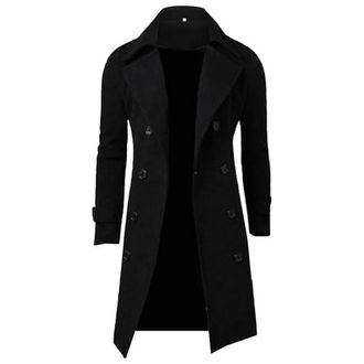 Generic Manteau d&eacute;contract&eacute; &agrave; col crant&eacute; l&eacute;ger pour homme - Double boutonnage en laine m&eacute;lang&eacute;e - Manteau de printemps chaud longueur genou, Noir, 5XL