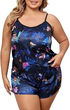 Generic Soie Solide comme la Soie Satin col Rond Bretelles Grande Taille Bretelles Shorts Pyjamas Nuisette Sexy Femme Satin Rose Femme Polaire Chaud (Blue, XX