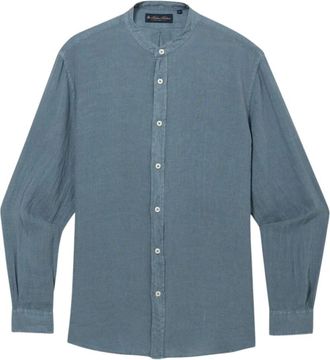 Brooks Brothers Homme, Chemises, Bleu, Taille: 2XL Chemise en Lin &agrave; Col Mao
