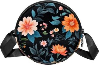 Generic Petit sac &agrave; bandouli&egrave;re circulaire pour femme, motif feuilles florales, sac &agrave; dos avec fermeture &eacute;clair, bretelles r&eacute;glables, sac &agrave; main rond d&eacute;contra