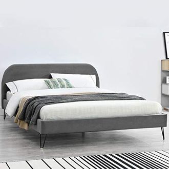 Concept Usine Lit Phoenix Double en Velours Gris avec Sommier à Lattes 2 Places Intégrés - Couchage 160 x 200 cm - Cadre de Lit Scandinave Tendance 2 Personnes - Pi