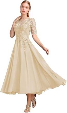 Generic Appliques en dentelle Robe de mère de la mariée pour mariage en mousseline de soie longueur thé manches 3/4 A ligne formelle robe de soirée, champagne