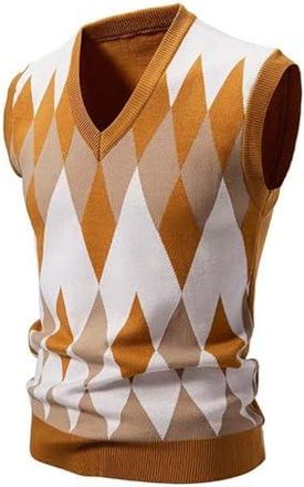 Generic Débardeur tricoté pour homme - Pull sans manches à motif losanges - Col en V - Pull épais et chaud sans manches - Coupe ajustée - Pour le bureau - Dou