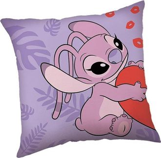 Disney Stitch Kissen Lilo und Stitch 35cm x 35cm, befüllt, weiches Kuschelkisse, Kinderkissen, Schmusekissen, Kopfkissen, Dekokissen, Rosa (Flieder)