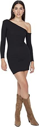 Trendyol Mini Robe Moulante en Tricot avec col asymétrique pour Femme, Noir, Taille XS