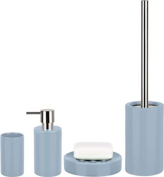 Spirella Badezimmer Set, 4-teiliges Badzubehör aus Porzellan Tube Seifenspender, Seifenschale, WC Bürste und Zahnputzbecher Hellblau