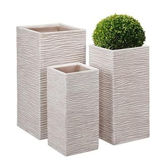 Relaxdays Pflanzk&uuml;bel, 3er Set, frostsicher, UV-best&auml;ndig, 3 Gr&ouml;&szlig;en, Polyresin, eckige Blumenk&uuml;bel f&uuml;r au&szlig;en, Creme