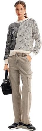 Desigual Woman Flat Knit Thick Gauge Pullover Pull, Blanc, Taille L Femme