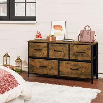 Woltu Schubladenschrank, Kommode mit 5 Schubladen aus Stoff, Aufbewahrungsschrank Sideboard, Kommodenschrank, aus Metallrahmen Holzwerkstoff, f&uuml;r